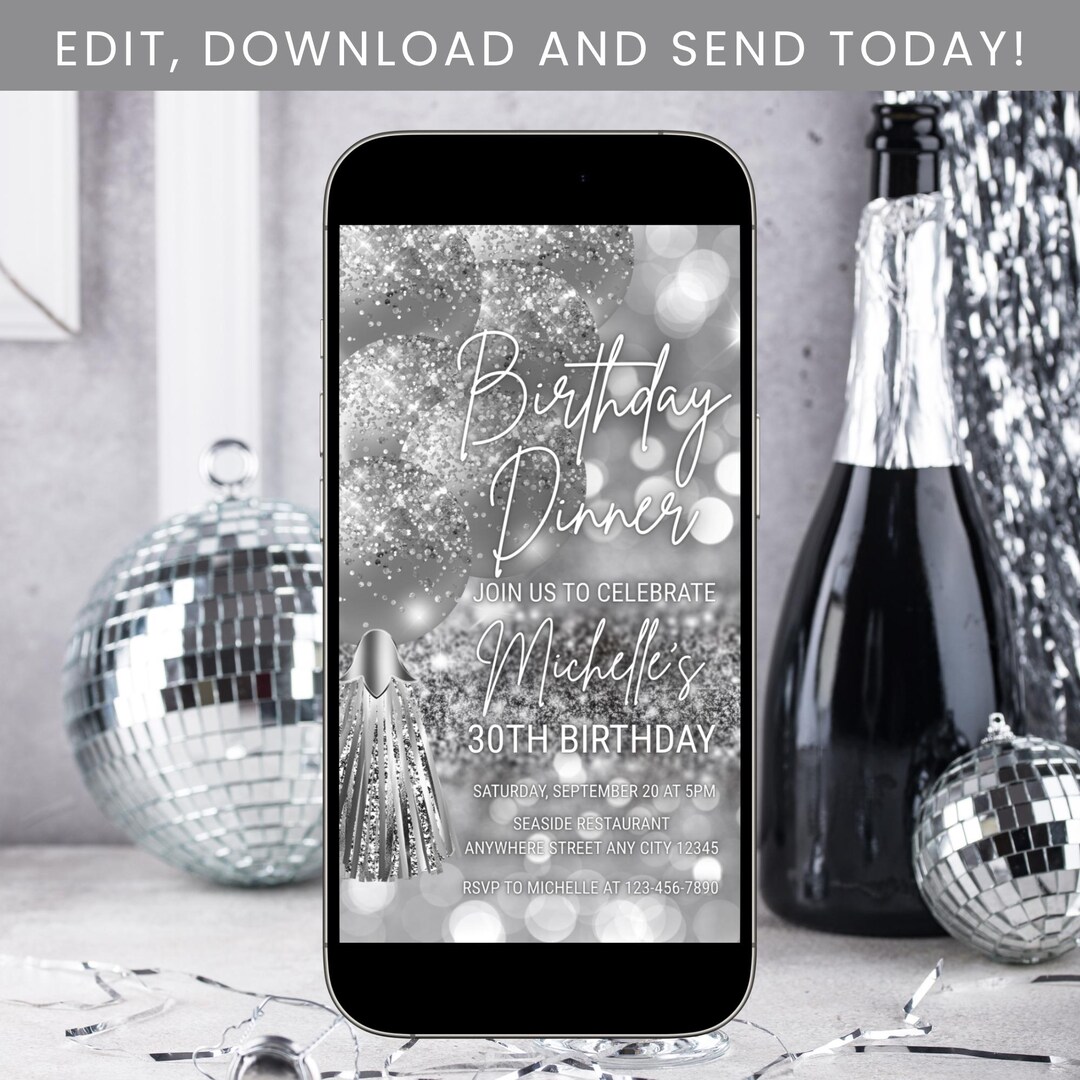 Silver Glitter Birthday Dinner Invitation, Mobile Evite (digital) - Etsy
