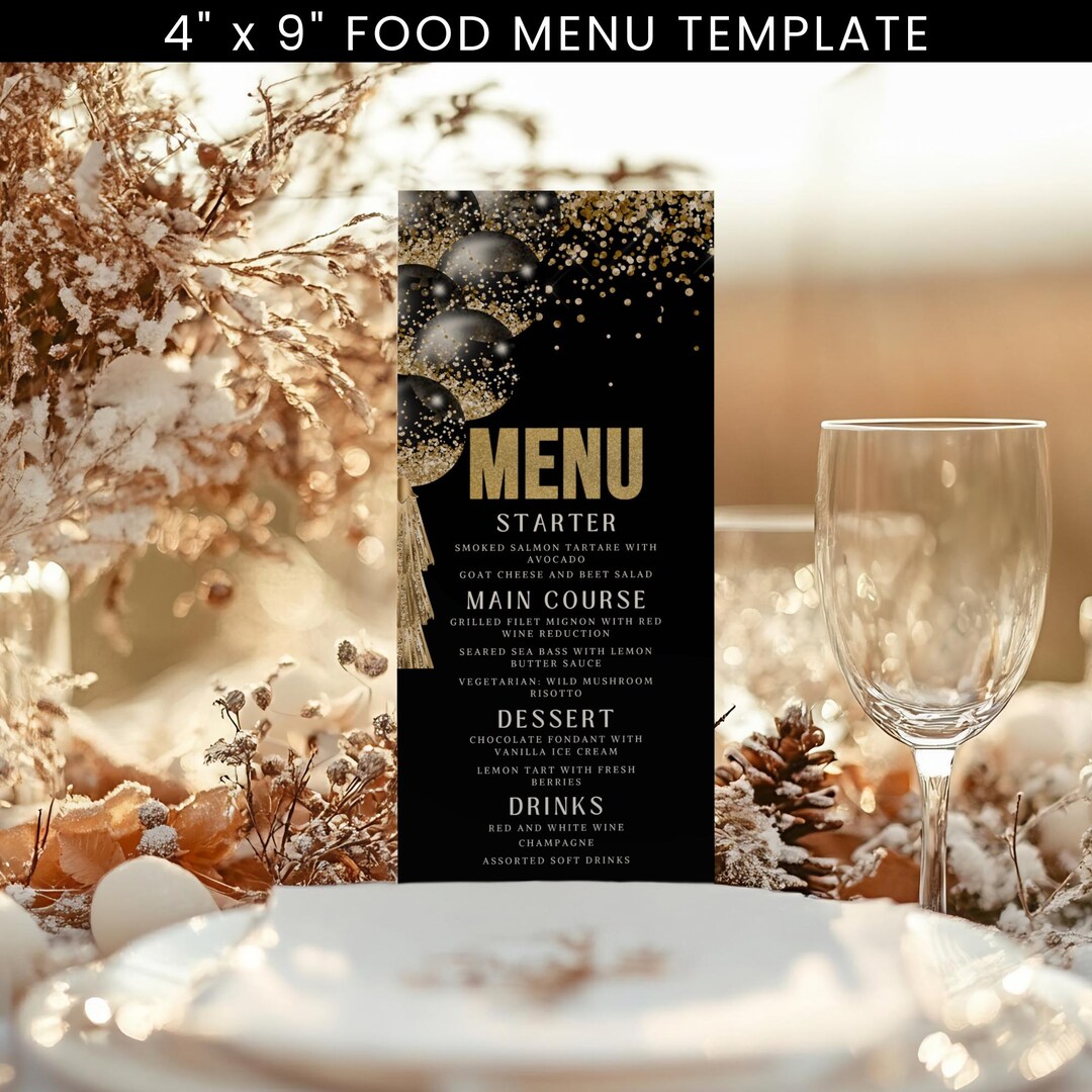 Black Gold Food Menu Card, Table Menu, Balloons, Birthday Menu Card ...