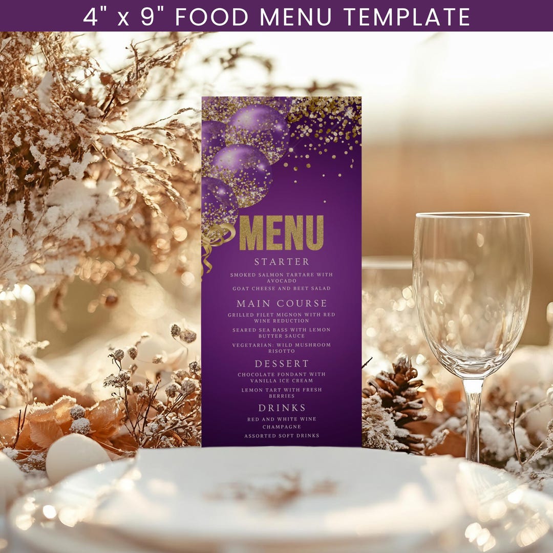 Purple Gold Birthday Menu Template, 4x9 (digital Download) - Etsy