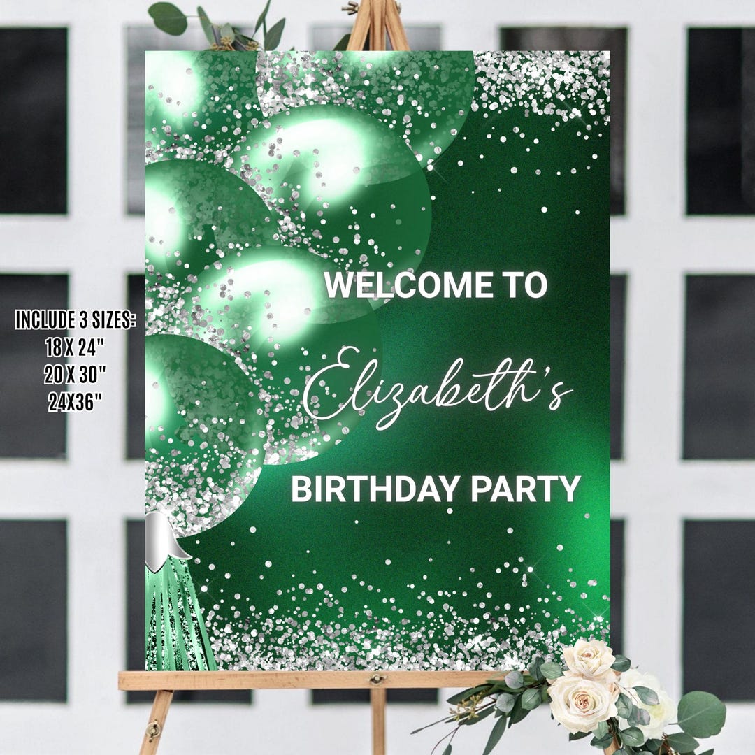 Green Birthday Welcome Sign, Any Age Welcome Sign, Green Silver Party ...