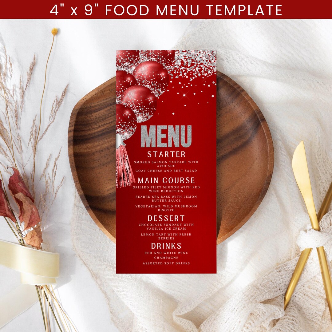Red Food Menu Card, Table Menu, Balloons, Birthday Menu Card, Men ...