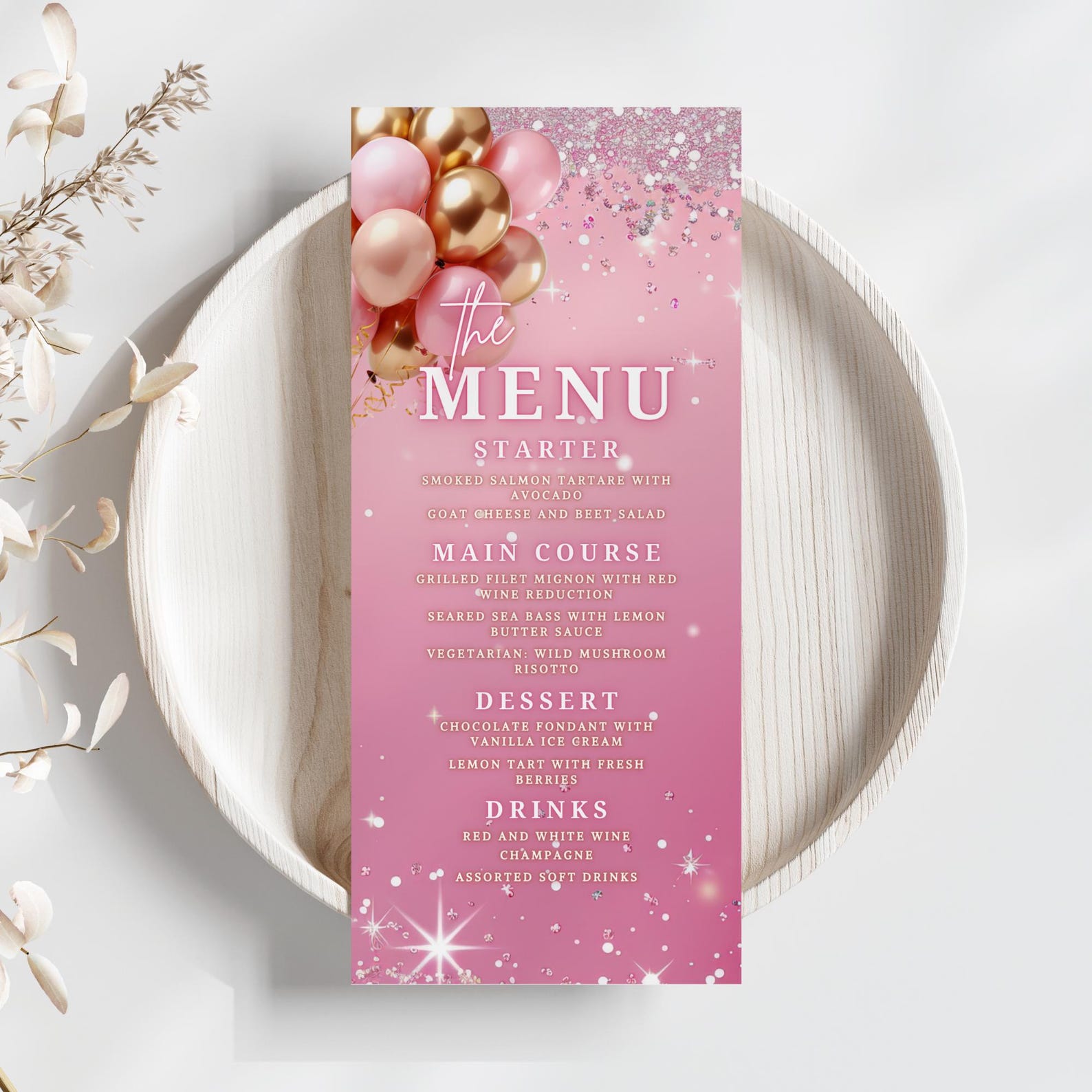 Pink and Gold Birthday Menu Template, 4x9 (digital Download) - Etsy