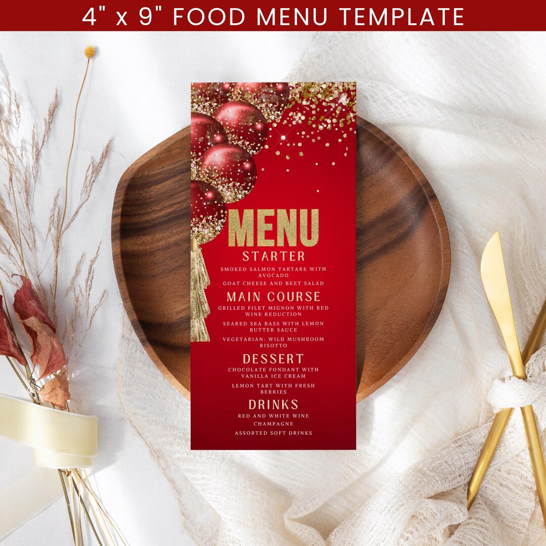 Red Food Menu Card, Table Menu, Balloons, Birthday Menu Card, Men ...
