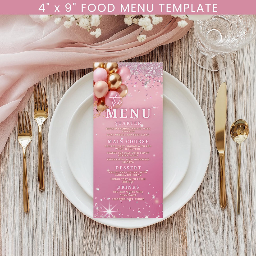 Pink and Gold Birthday Menu Template, 4x9 (digital Download) - Etsy