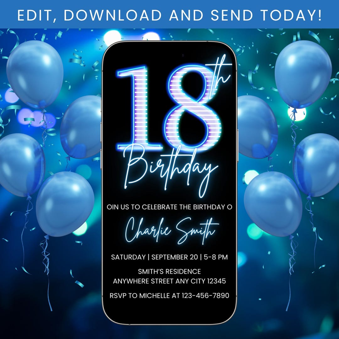 Digital Blue 18th Birthday Invitation, Teen Neon Birthday Invitation ...
