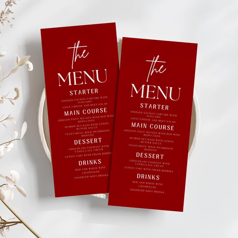 Red Food Menu Card, Table Menu, Minimalist, Party Menu, Retirement Menu ...