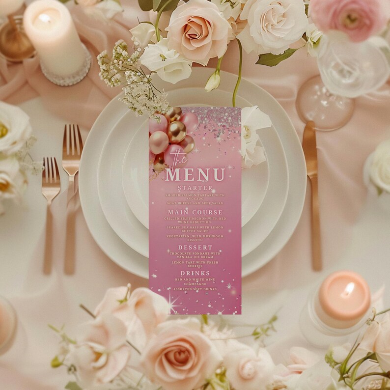 Pink and Gold Birthday Menu Template, 4x9 (digital Download) - Etsy