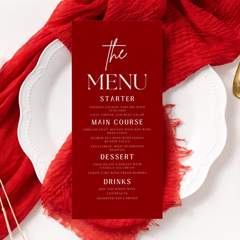 Red Food Menu Card, Table Menu, Minimalist, Party Menu, Retirement Menu ...