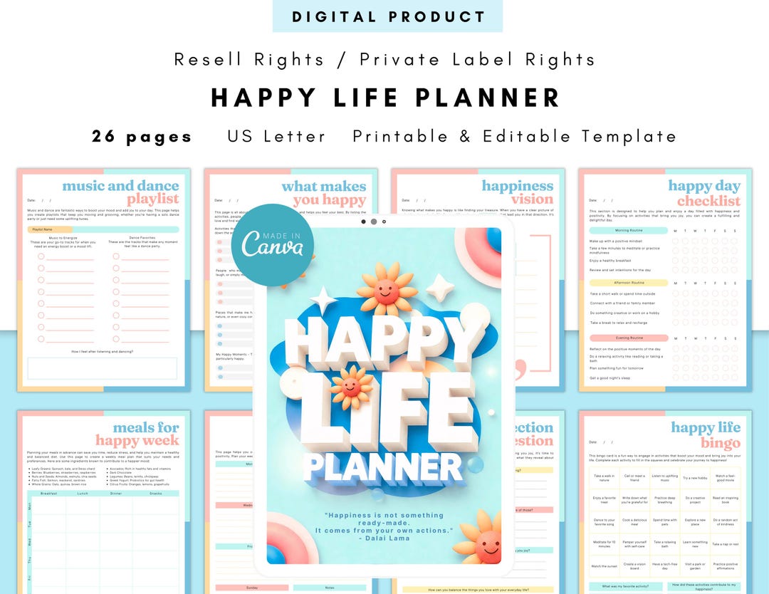 PLR / Resell Happy Life Planner, Printable and Editable Template, Happy Planner, Positivity ...