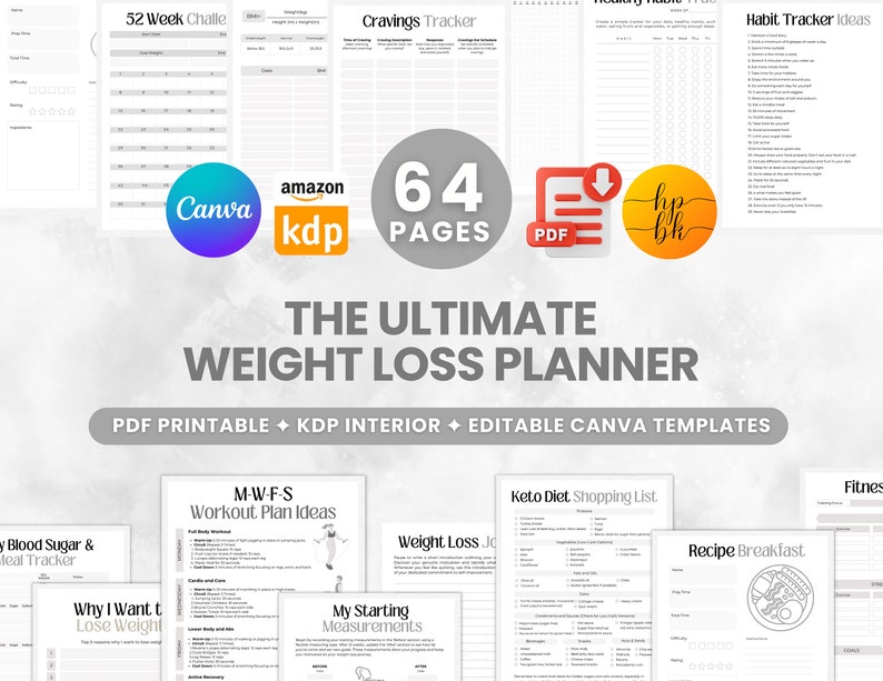Weight Loss Planner for KDP Interior Printable Journal and Editable ...