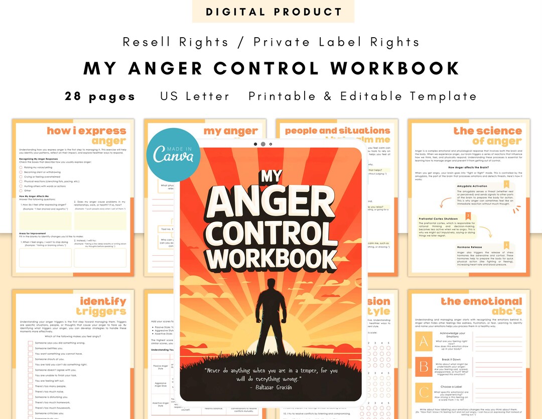 PLR / Resell My Anger Control Workbook, Printable and Editable Template, Anger Management ...