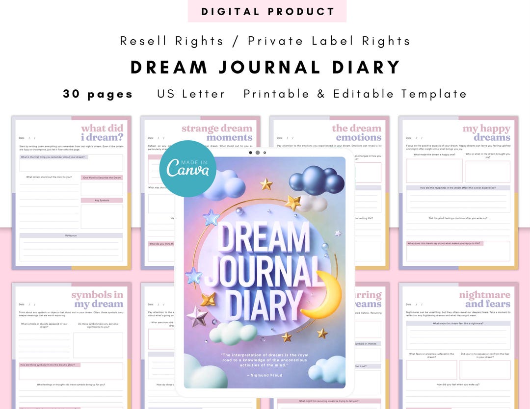 PLR / Resell Dream Journal Diary, Printable and Editable Template ...