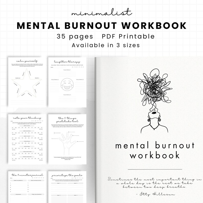 Mental Burnout Workbook Printable Minimalist, Wellness Journal, Coping ...