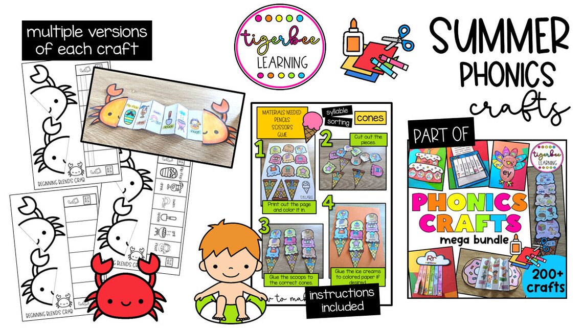 Summer Phonics Crafts: CVC, Blends, Magic E, Syllables and More - Etsy