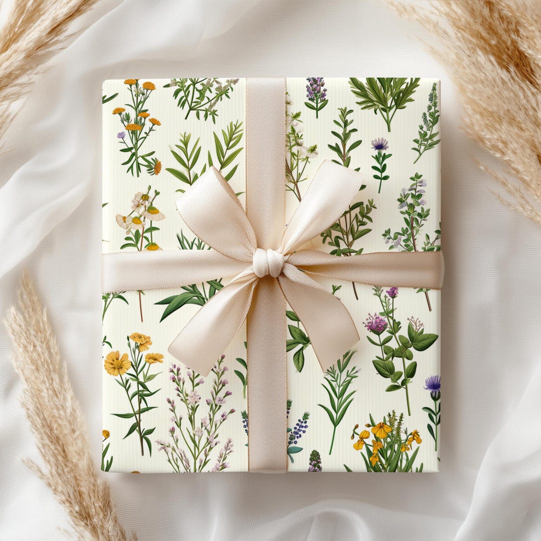 Botanical Herbs Gift Wrapping Paper Roll, Floral Green Wildflower ...