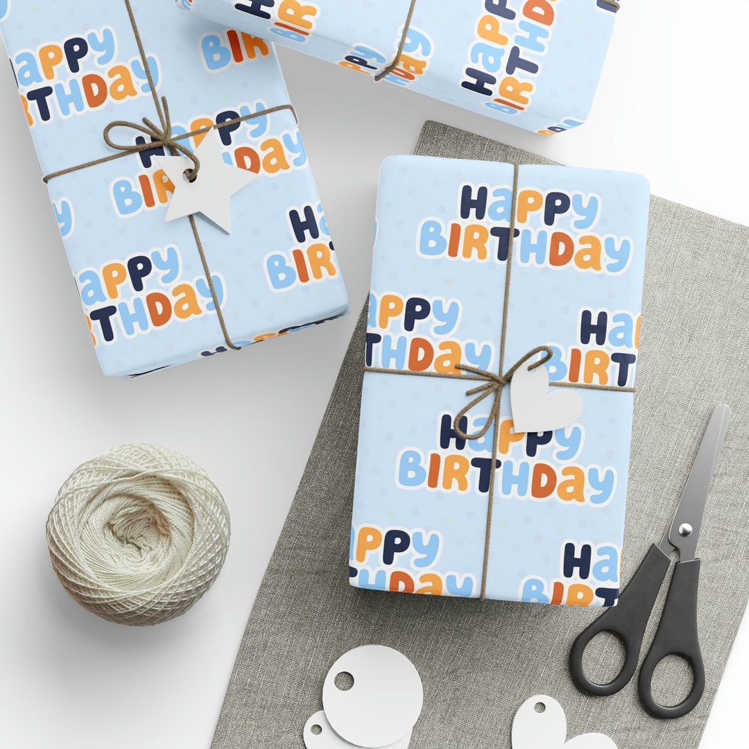 Happy Birthday Blue Gift Wrapping Paper Roll, Custom Cartoon Wrap Paper ...