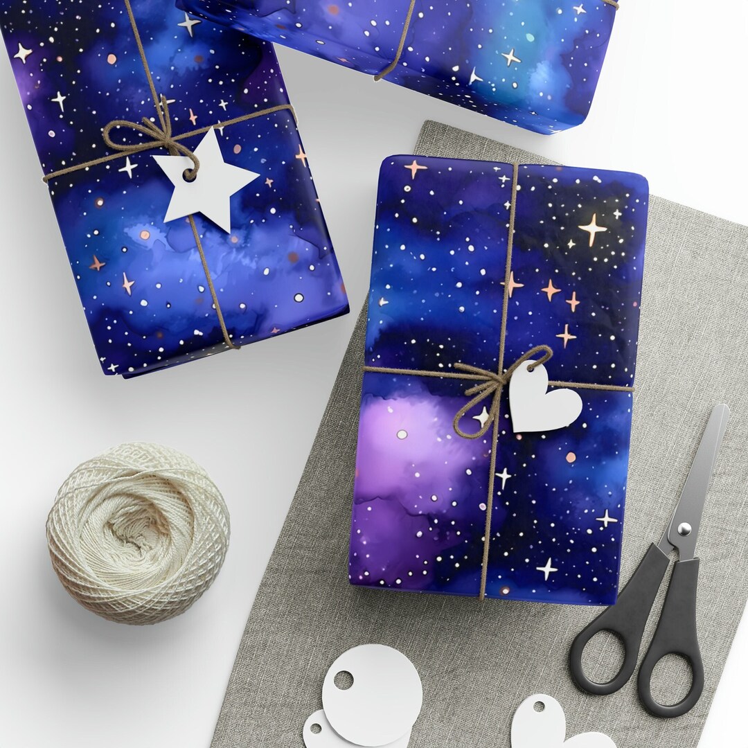 Starry Night Blue Watercolor Gift Wrapping Paper Roll, Space Stars ...