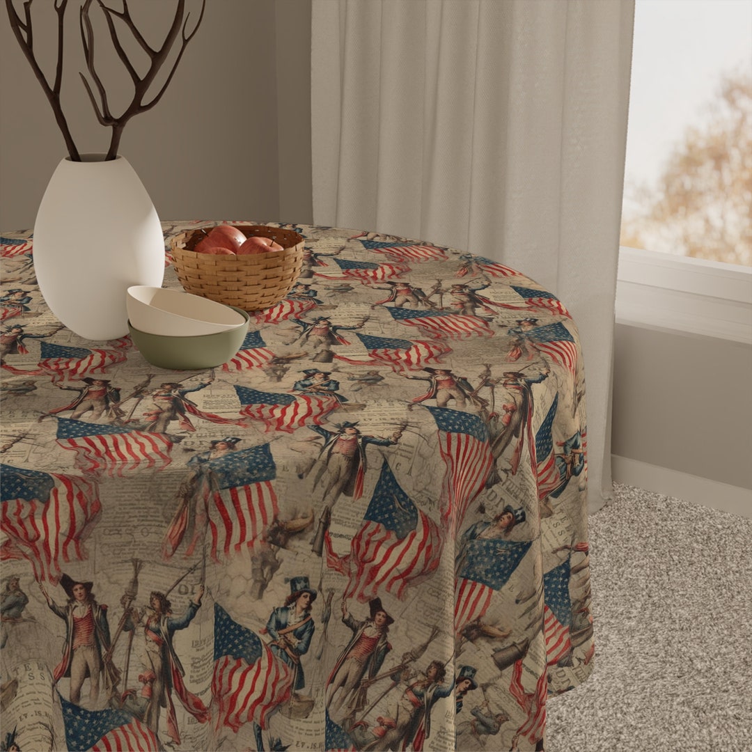 American Flag Patriotic Olden Style Tablecloth, Independence Day Table ...