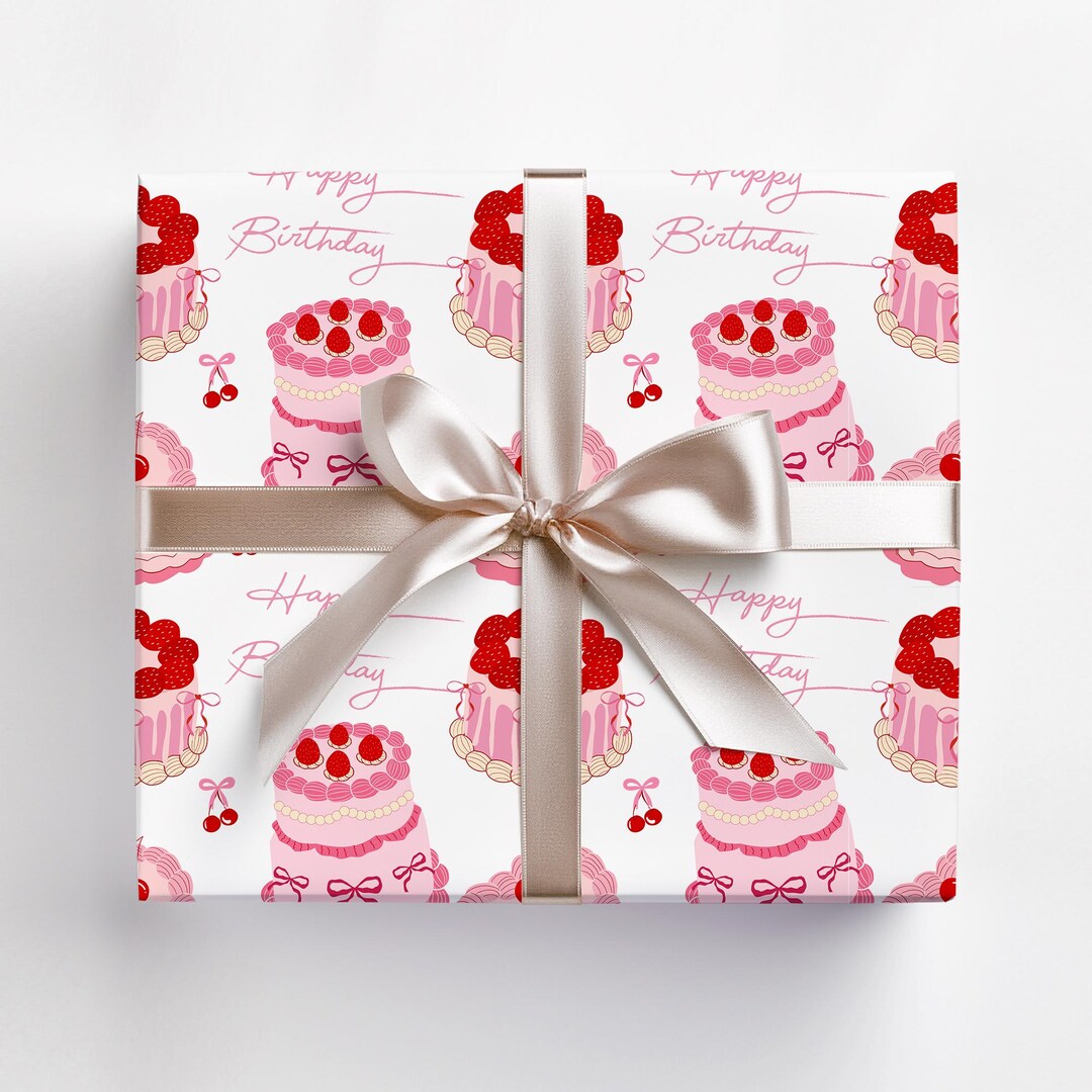 Retro Cake Birthday Wrapping Paper Roll, Pink Happy Birthday Gift Wrap ...