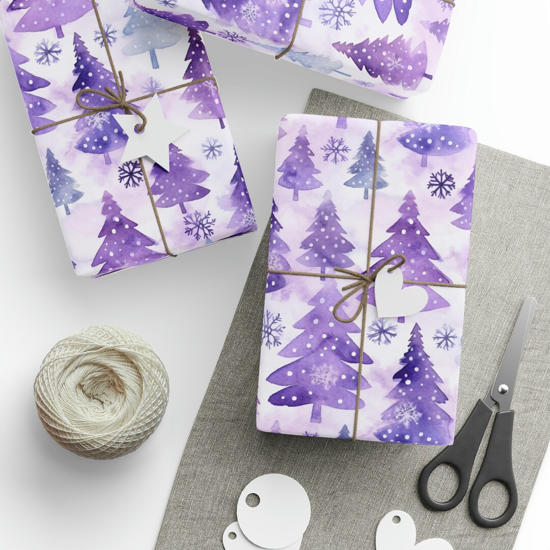 Purple Watercolor Christmas Tree Gift Wrapping Paper Roll, Christmas ...