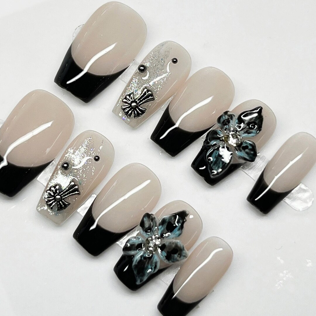 Black Chrome Hearts Nails, Devil Flower Handmade Press on Nail, Cross ...
