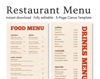 Restaurant Menu Template, Menu Portrait Mode, Customizable Canva Menu ...