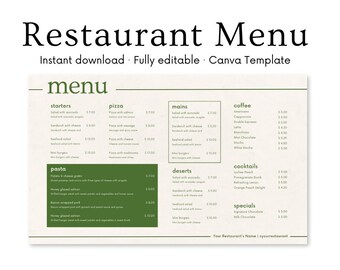 Restaurant Menu Landscape One Page, Fully Customizable Canva Template ...