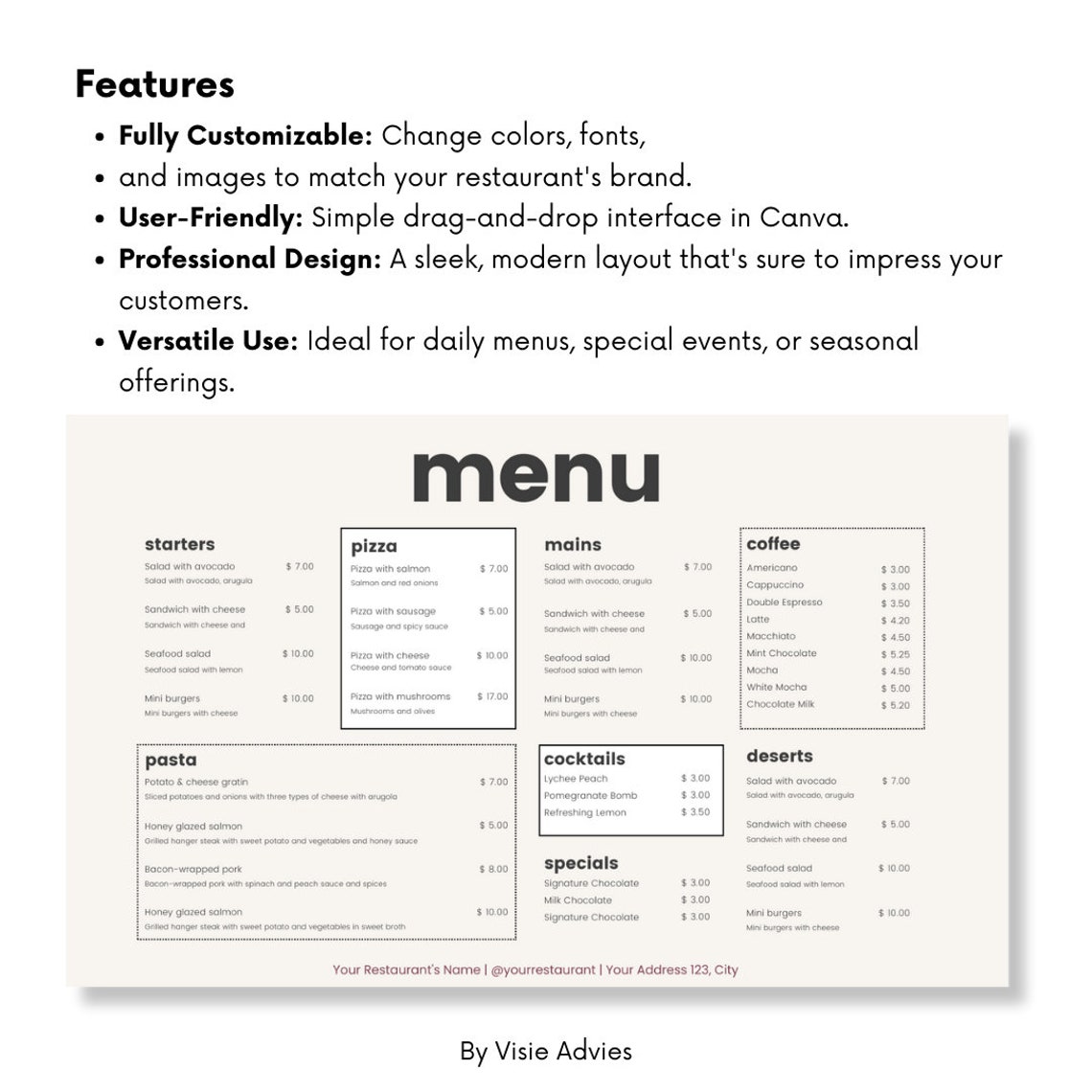 Restaurant Menu Landscape One Page, Fully Customizable Canva Template ...