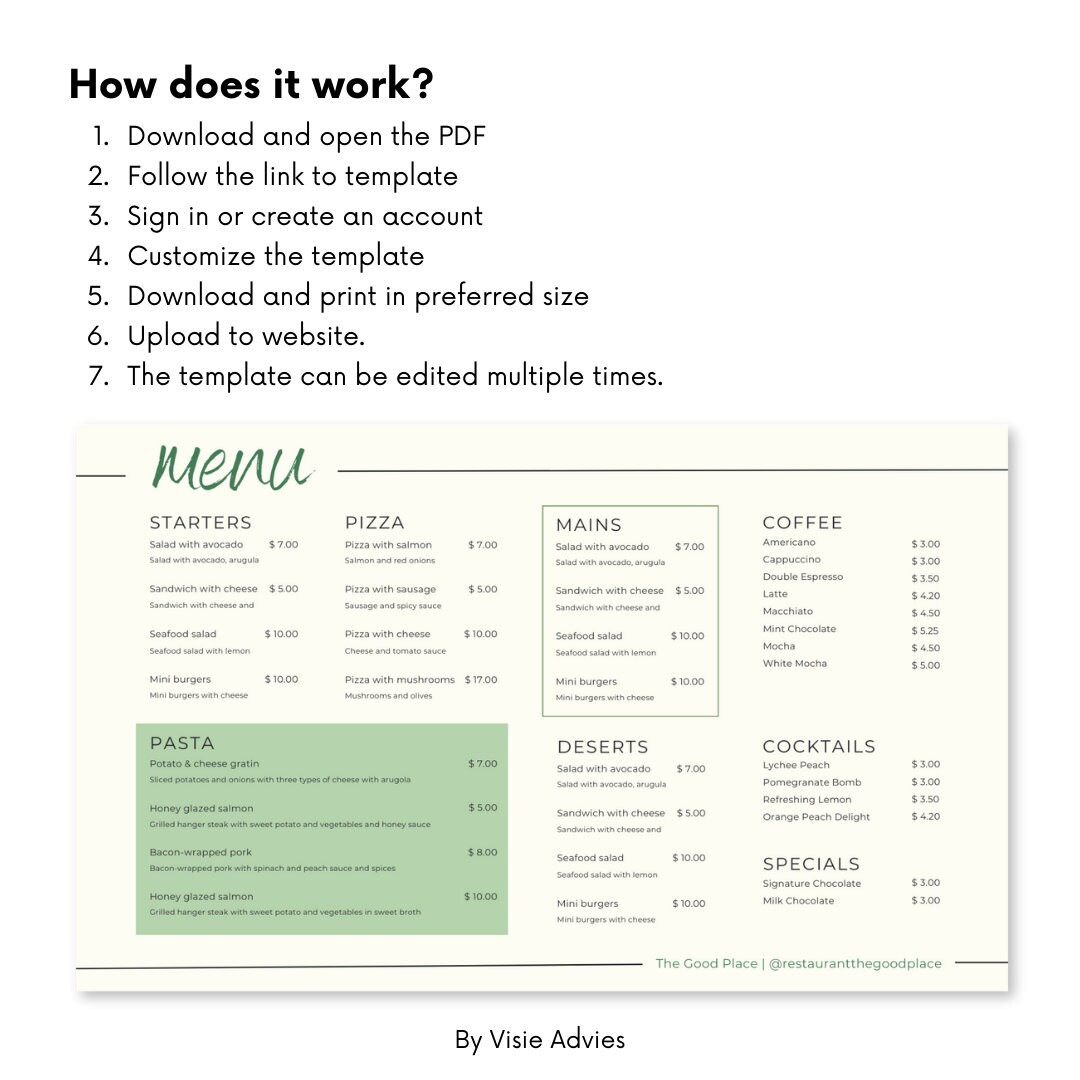 Restaurant Menu - Landscape One Page, Fully Customizable Canva Template ...