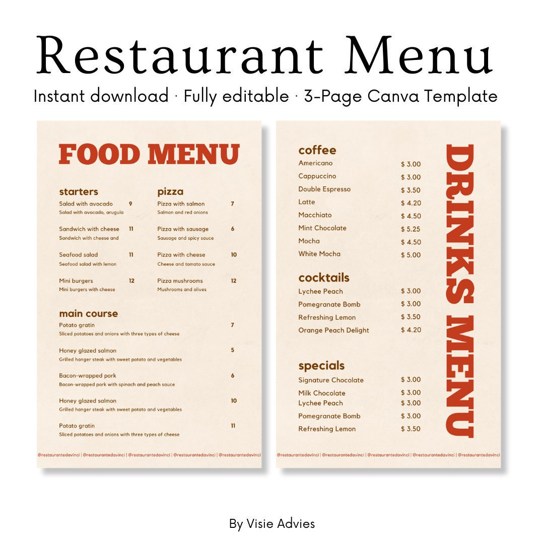 Restaurant Menu Template, Menu Portrait Mode, Customizable Canva Menu ...