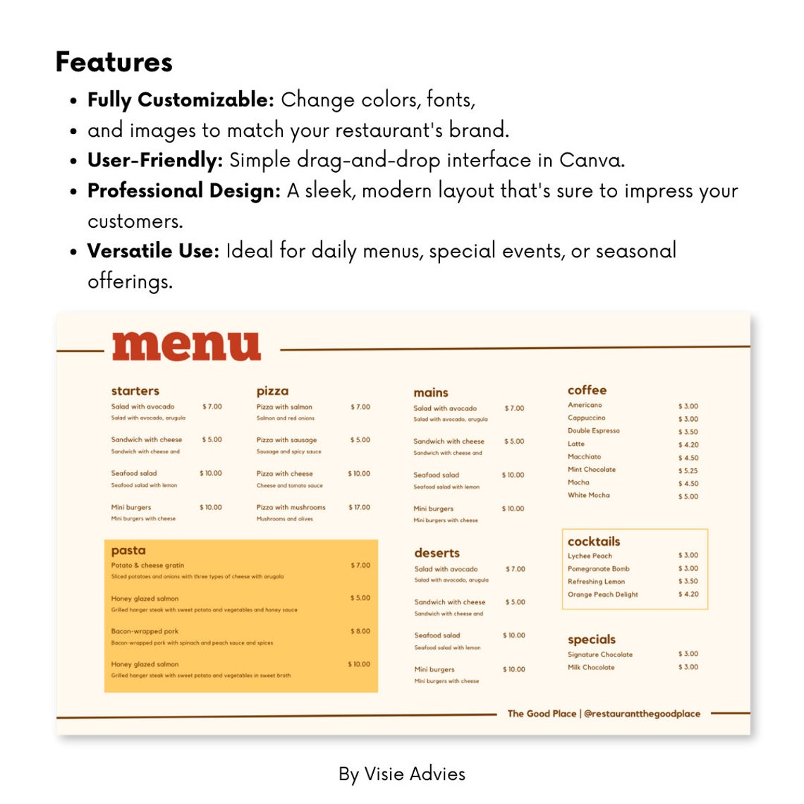 Restaurant Menu - Landscape One Page, Fully Customizable Canva Template ...