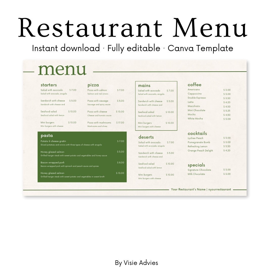 Restaurant Menu - Landscape One Page, Fully Customizable Canva Template ...