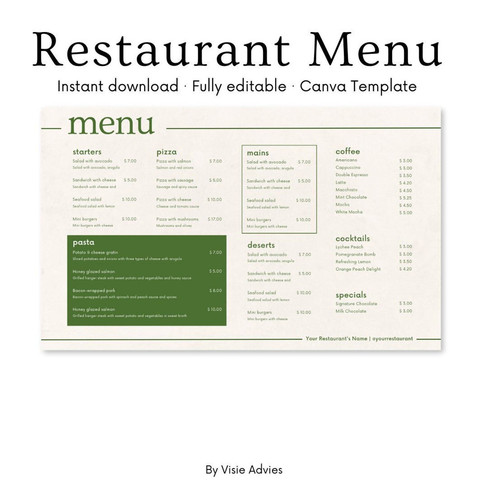 Restaurant Menu - Landscape One Page, Fully Customizable Canva Template ...