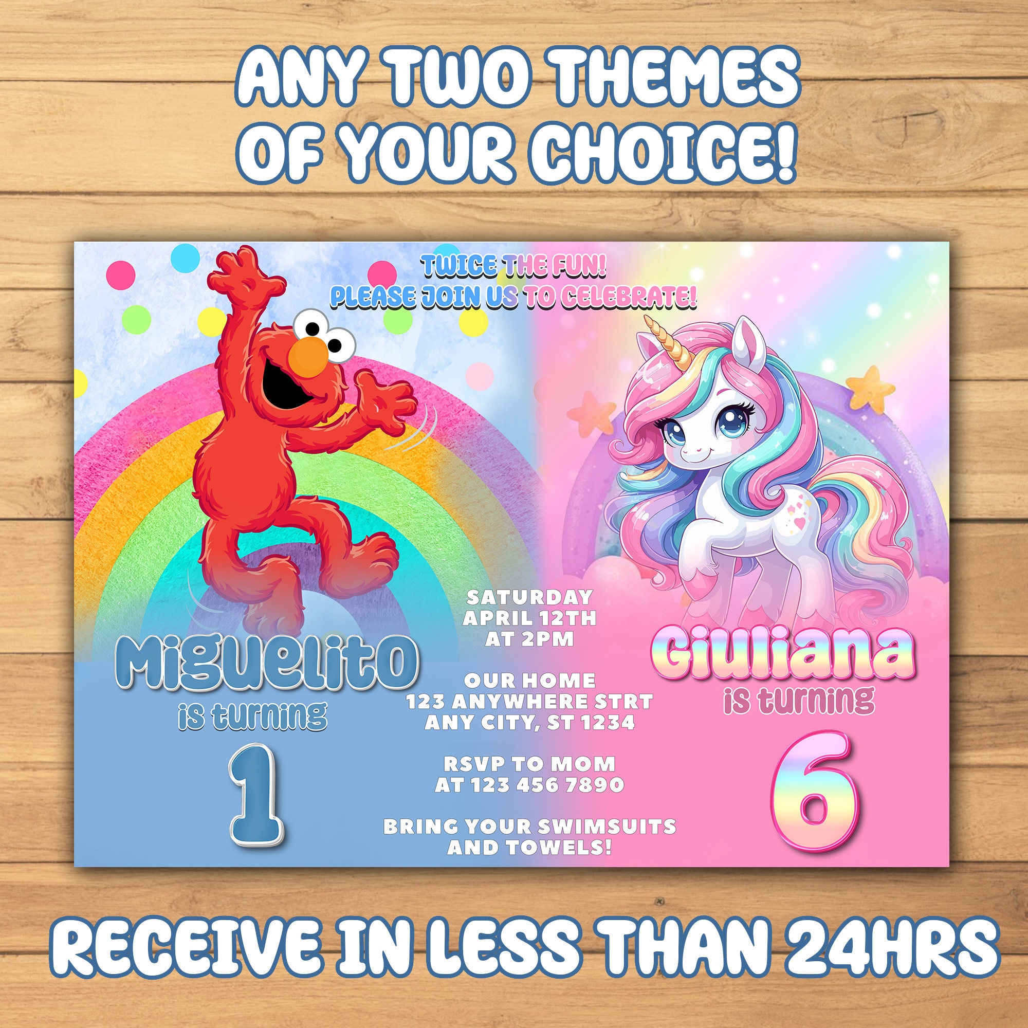 Sibling Birthday Invitation, Double Birthday Invitation, Dual Combined Twins Invitation, Boy and ...