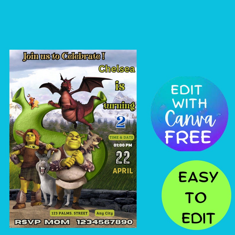 Editable Shrek Birthday Invitation, Princess Fiona Evite , Shrek Party ...