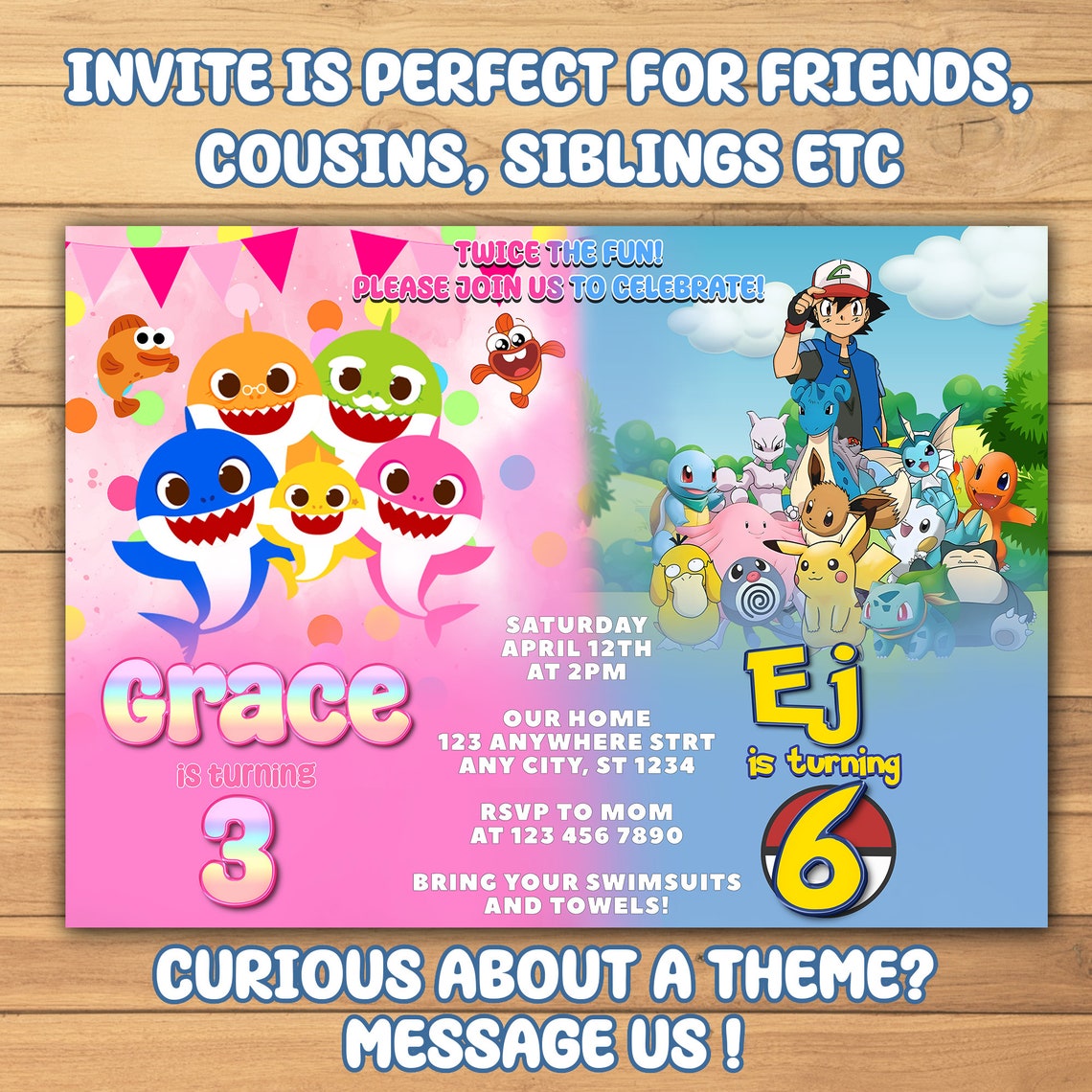 Sibling Birthday Invitation, Double Birthday Invitation, Dual Combined ...