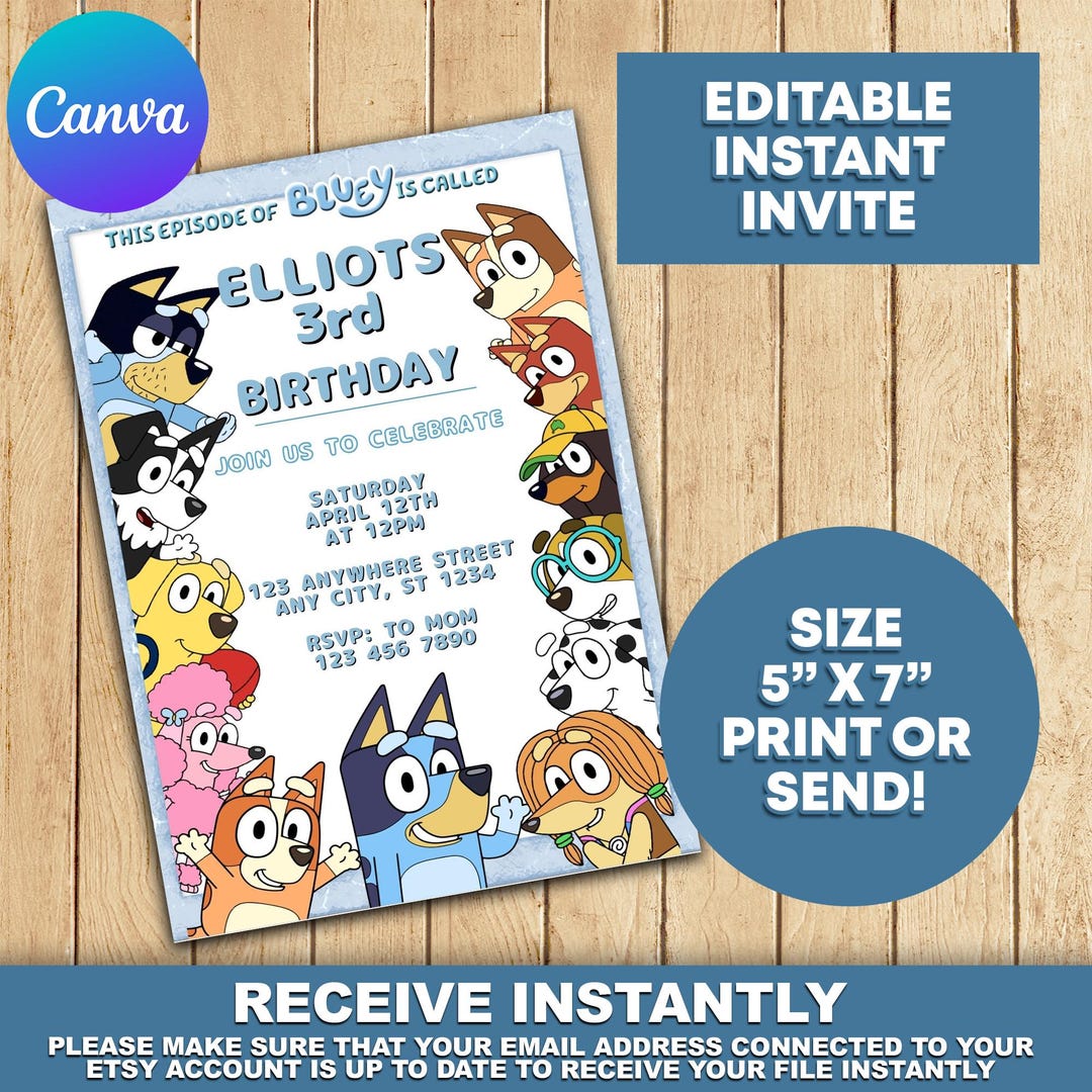 Editable Bluey Invitation, Digital Bluey and Bingo Template, Kids ...