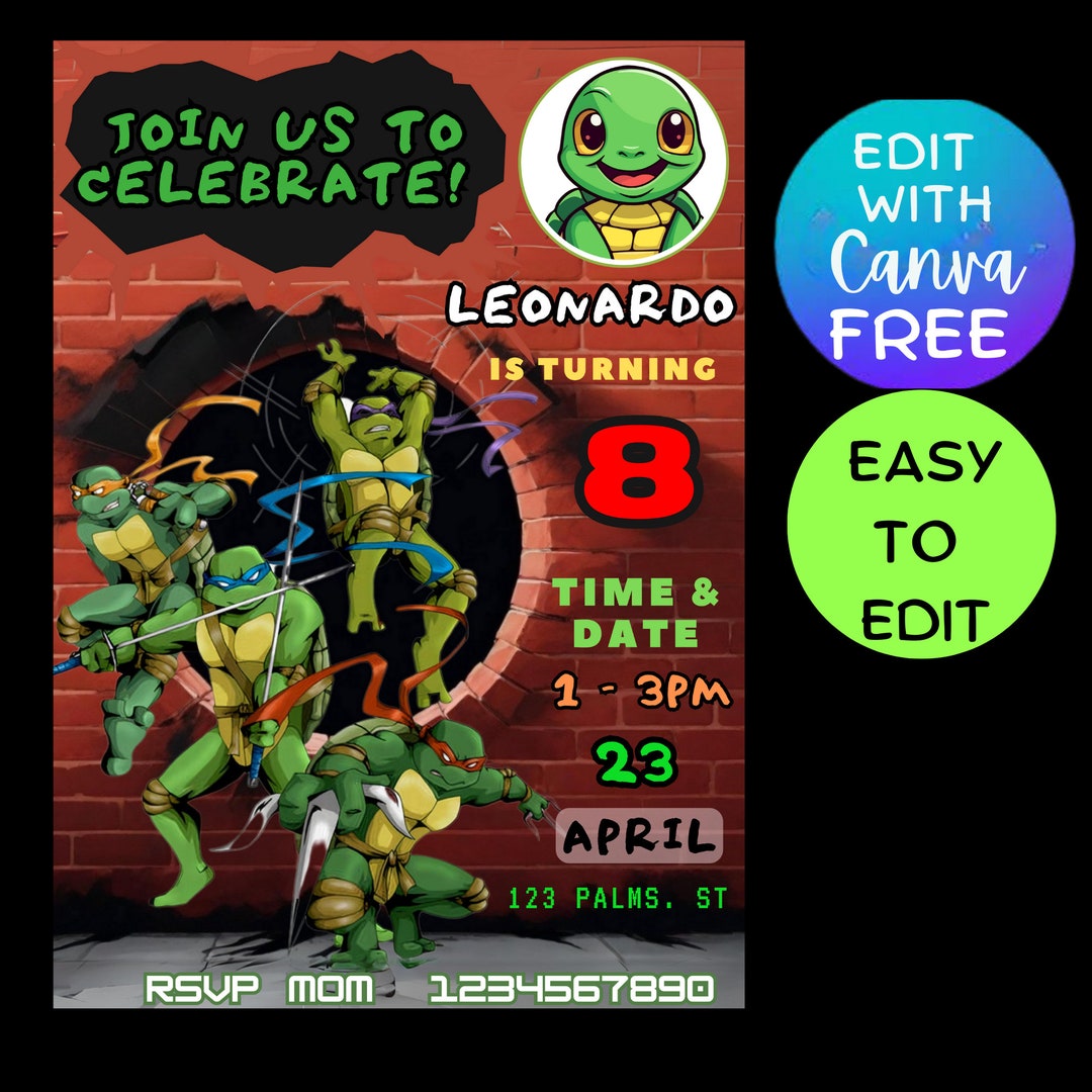 Editable Ninja Turtle Invitation, Best Seller Ninja Turtle Birthday ...