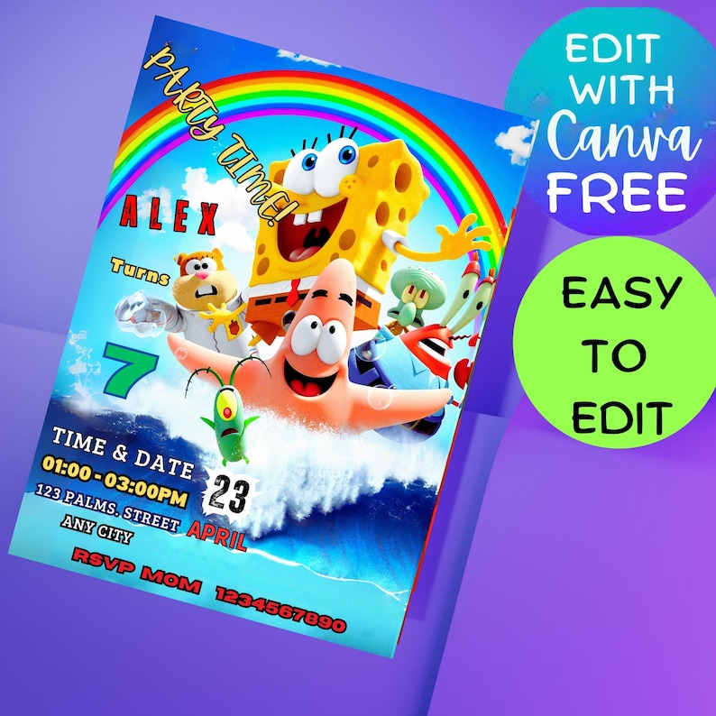 Editable Spongebob Birthday Invitation | Sponge Bob Invite | Template ...