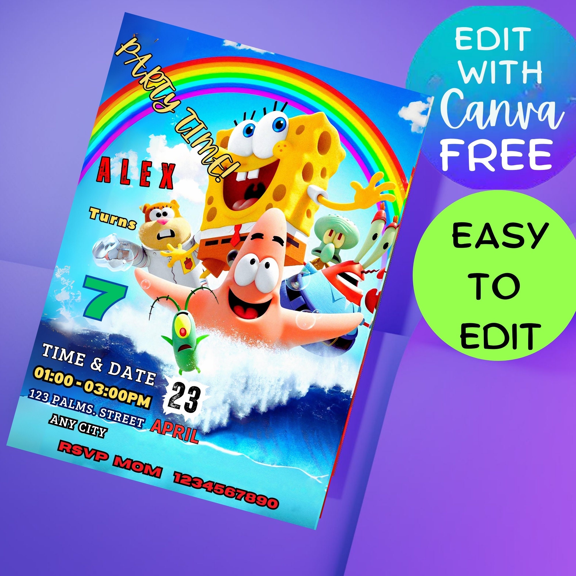 Editable Spongebob Birthday Invitation | Sponge Bob Invite | Template ...