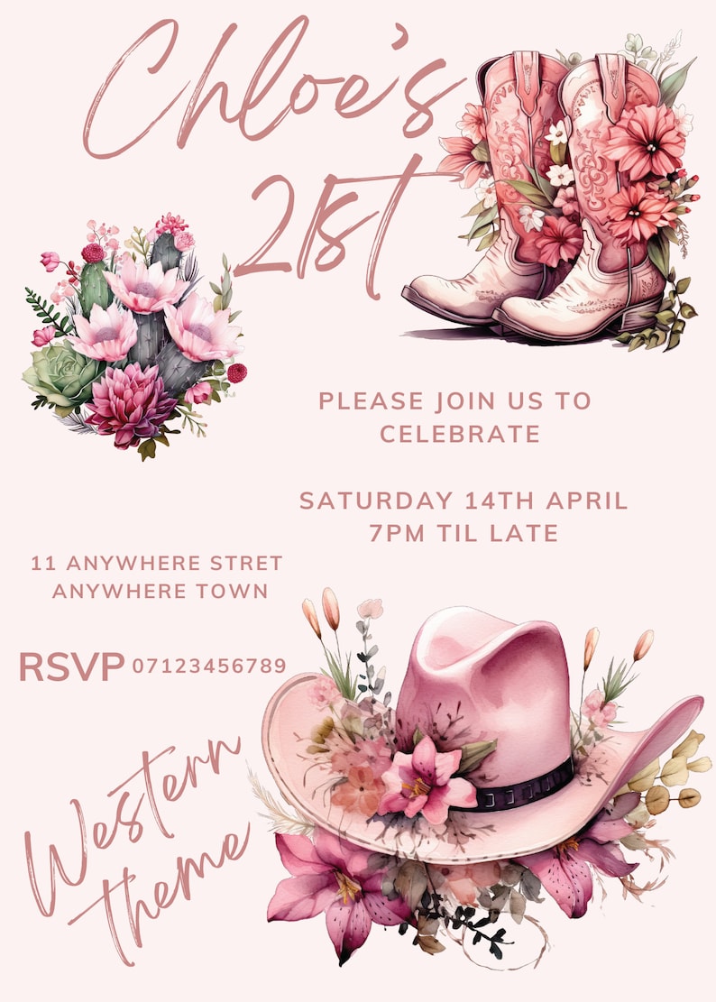 Boho Western Themed 21st Birthday Party Invitation Pink Cowboy Hat ...