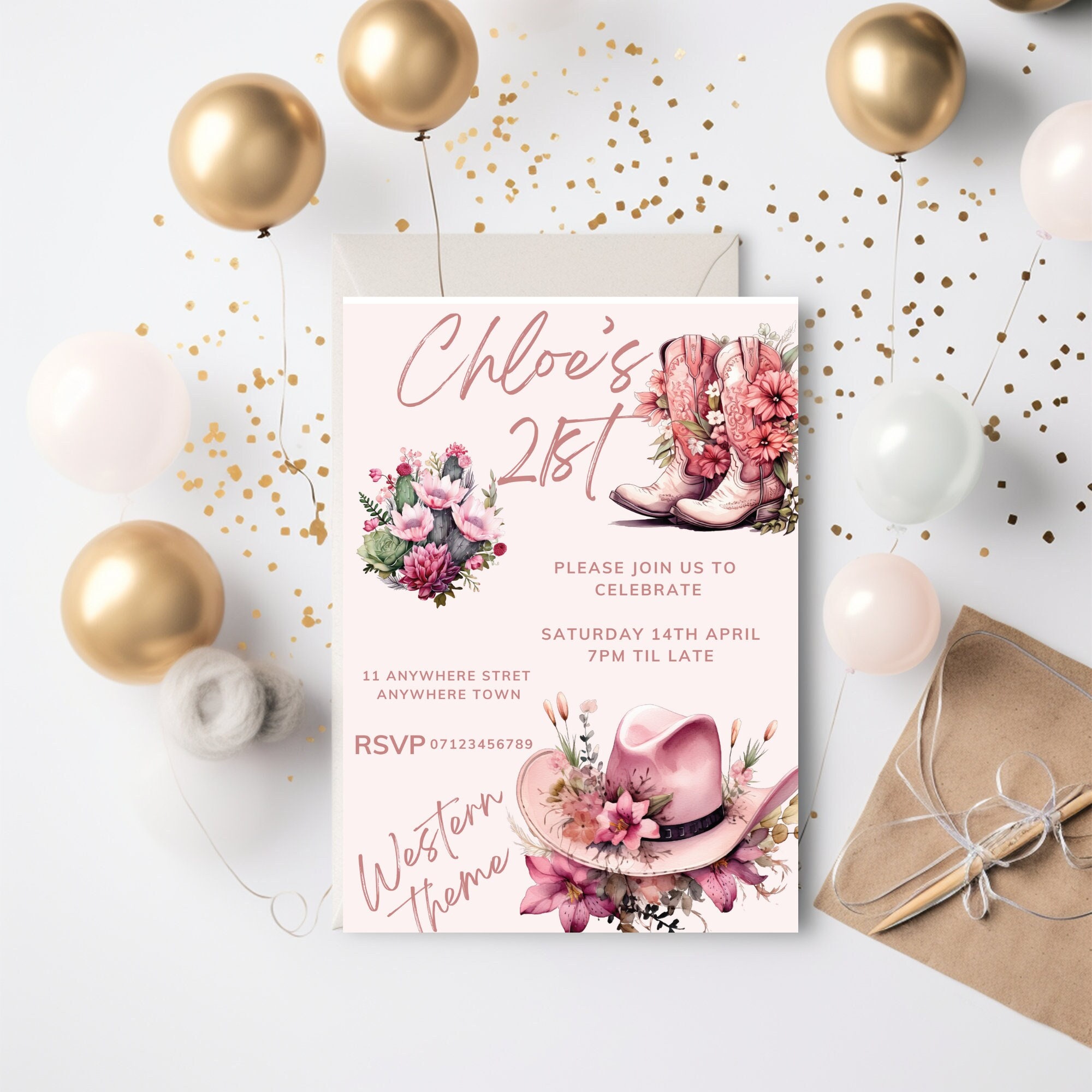 Boho Western Themed 21st Birthday Party Invitation Pink Cowboy Hat ...