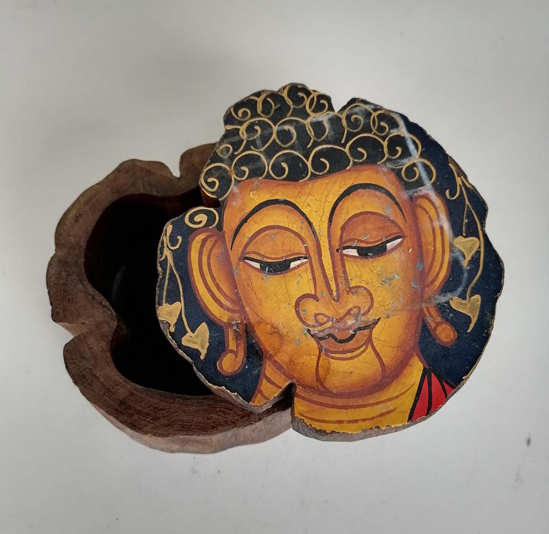Solid Wood Round Vintage Asian Wooden Jewelry Box Antique Hand Carved ...