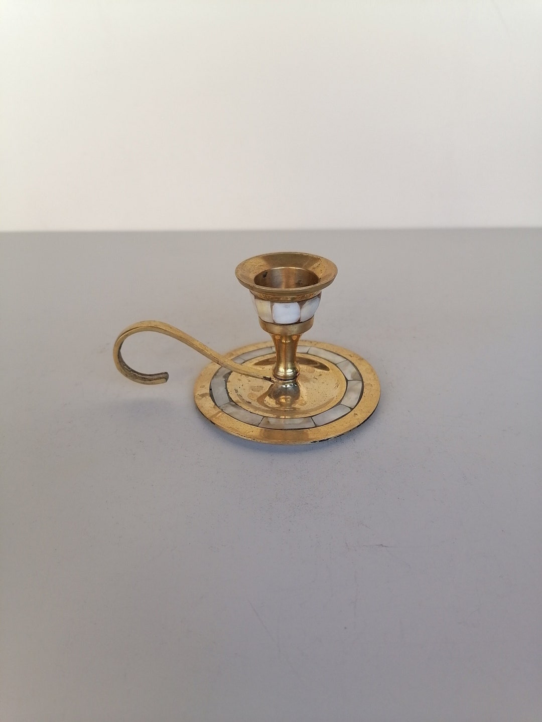 Vintage Small Mother of Pearl and Brass Candlestick Antique Decorative ...