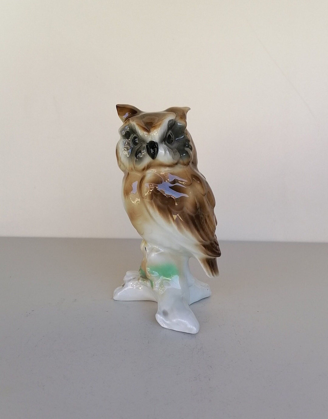 White Brown Porcelain Owl Figurine Vintage Ceramic Bird Statue ...
