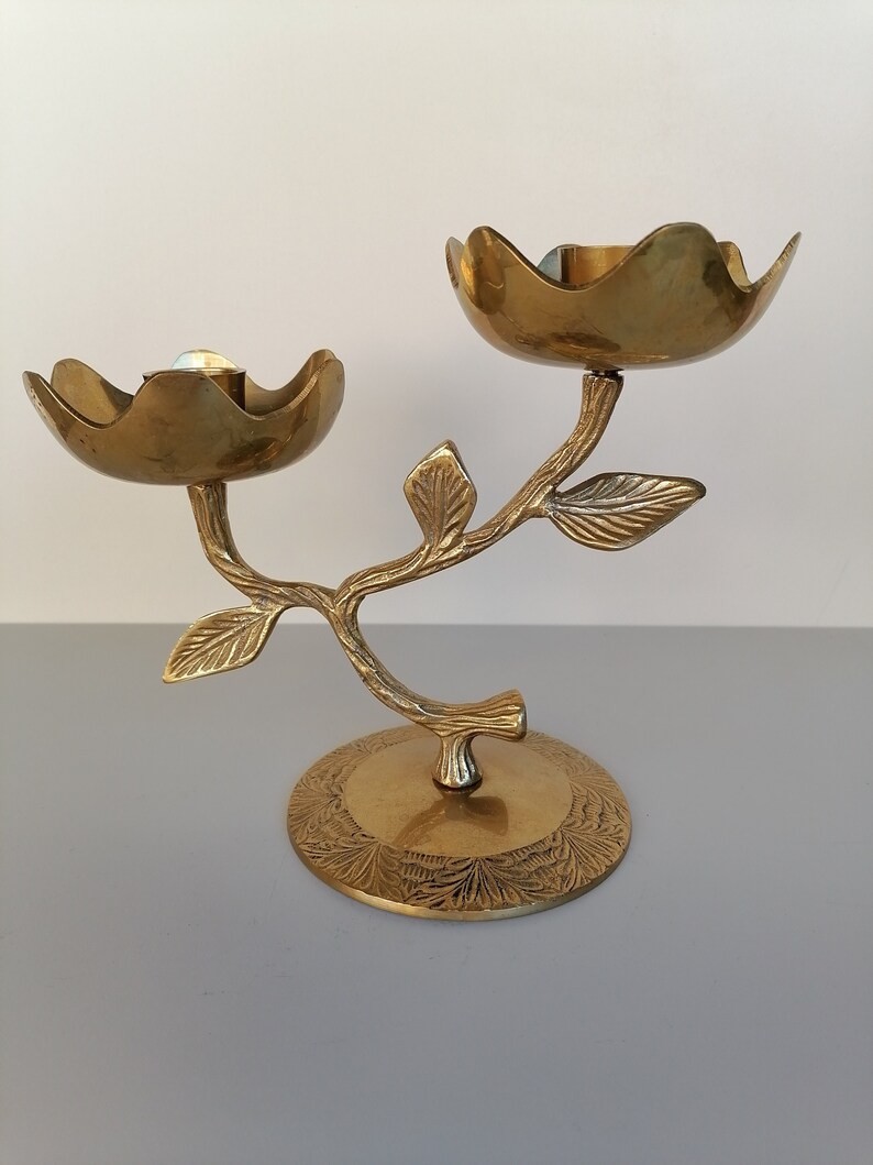 Vintage Brass 2 Arm Candle Holder in the Form of Flowers Tree Shape ...