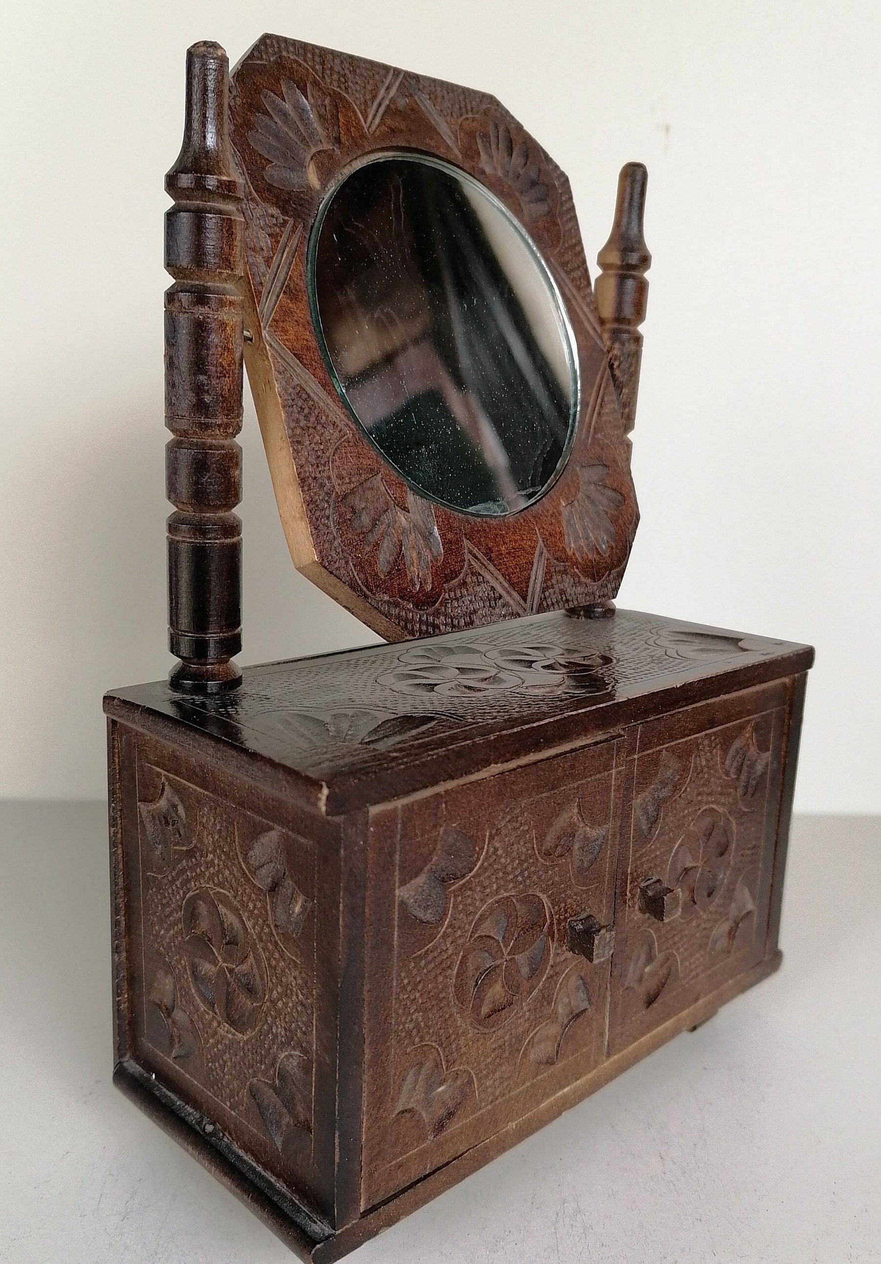 Vintage Small Wooden Cabinet With Round Mirror Handmade, Women's ...