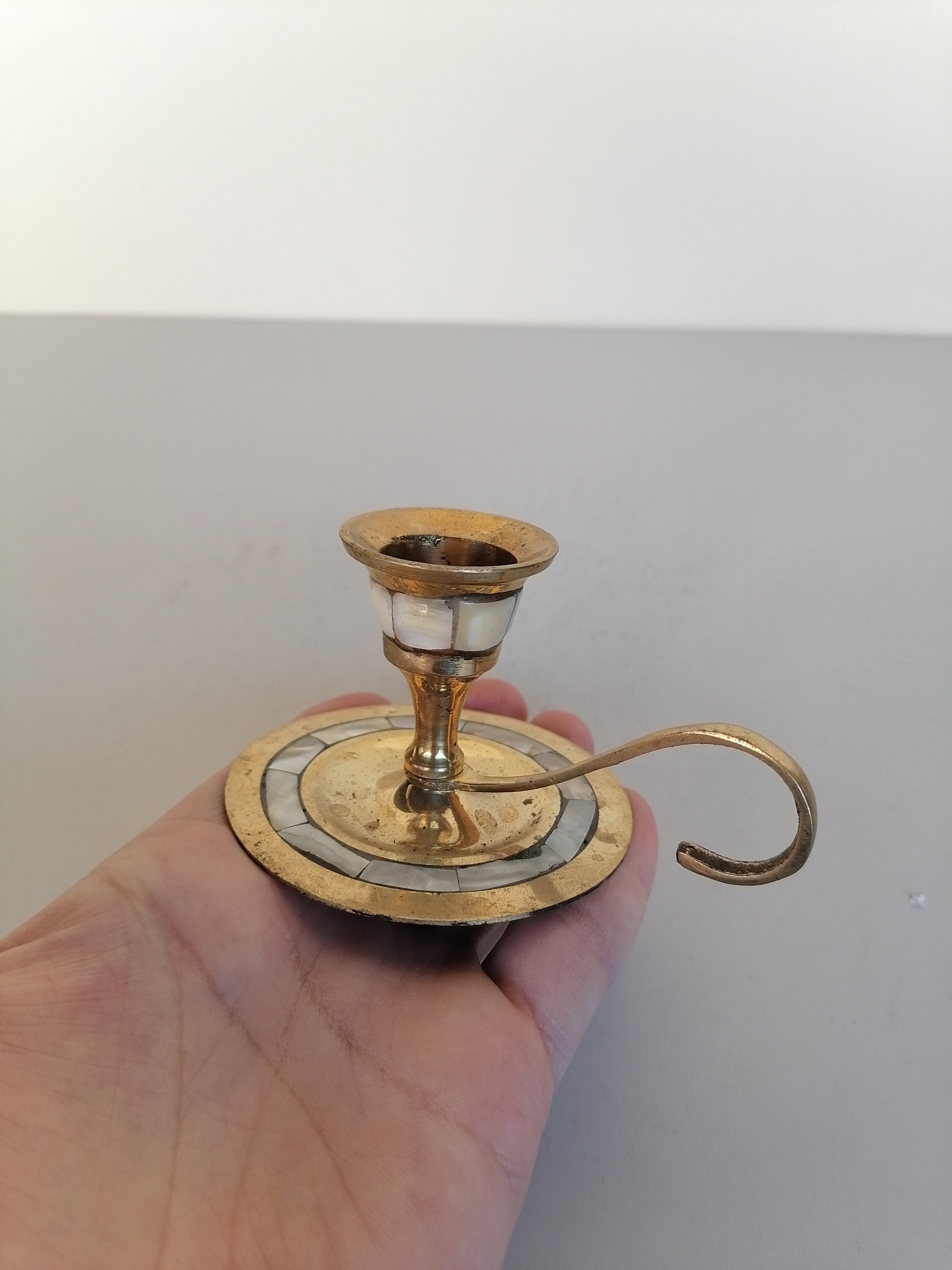 Vintage Small Mother of Pearl and Brass Candlestick, Antique Decorative ...