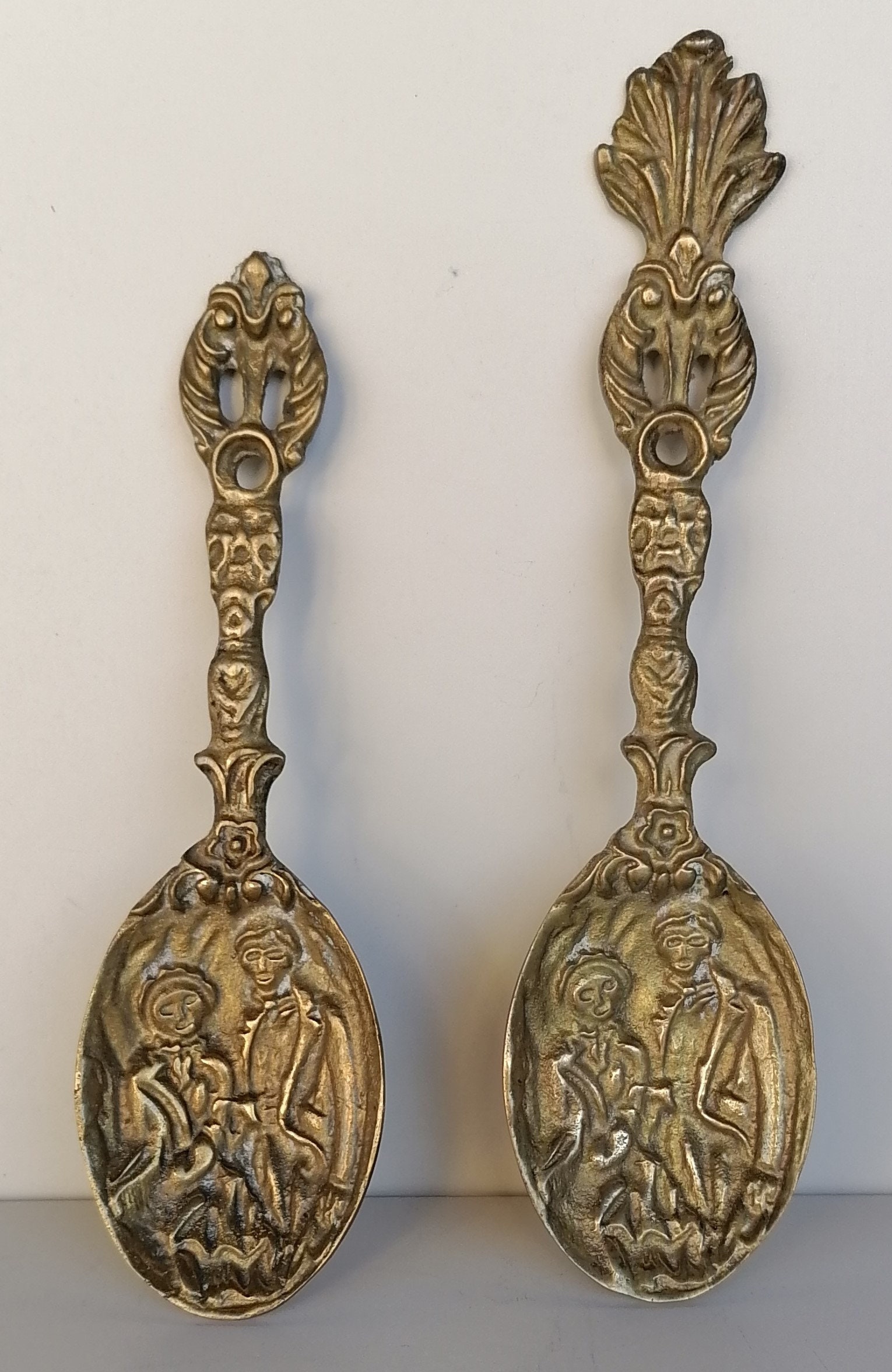 Lot of 2 French Vintage Solid Brass Spoons Antique Bronze Engraved Wall ...