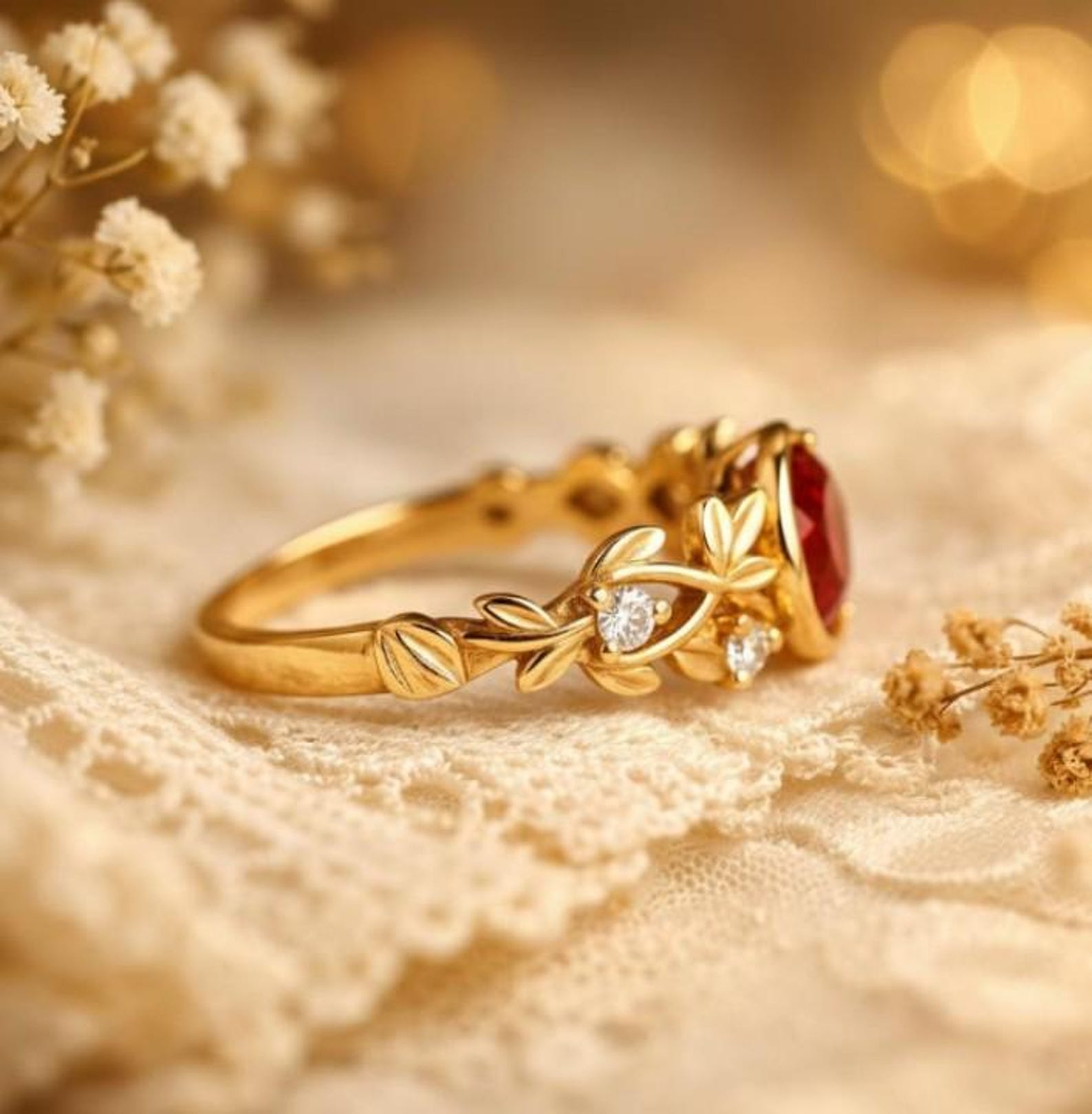 Ruby Red Floral Ring, Gold Leaf Band, Vintage Style - Etsy